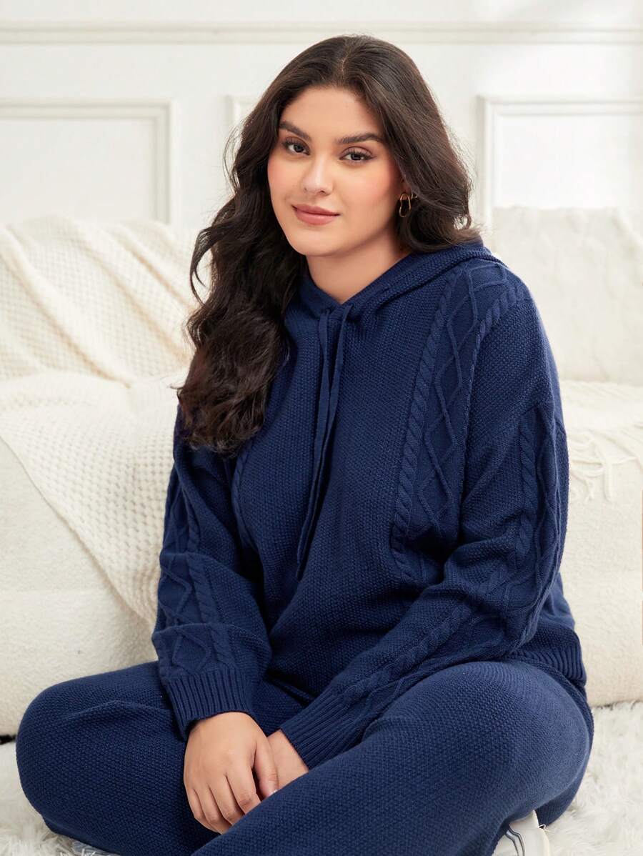 Shein Mulvari Plus Cable Knit Drop Shoulder Drawstring Hooded Sweater
