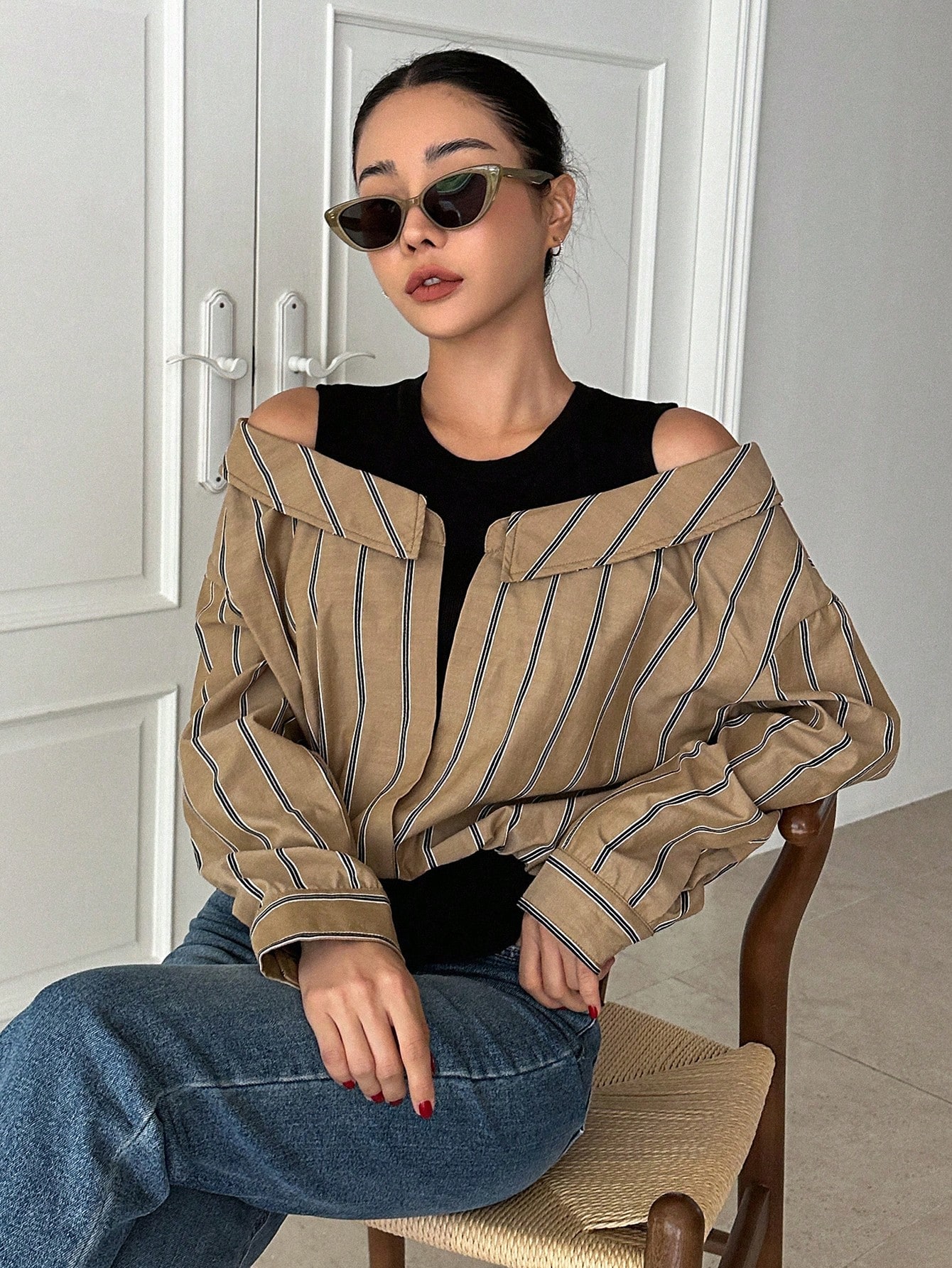 DAZY Striped Print Cold Shoulder 2 In 1 Blouse | SHEIN EUR