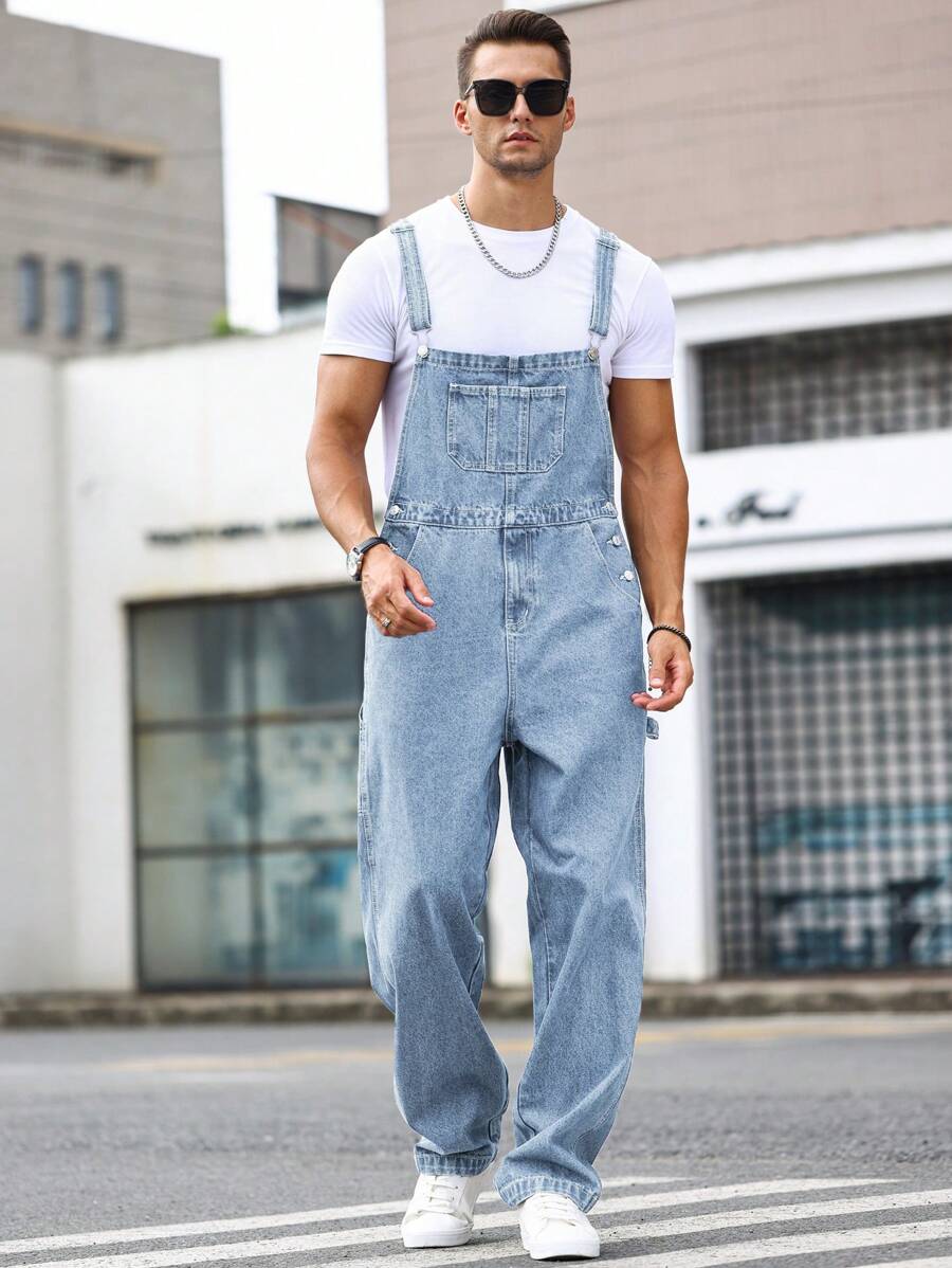 Manfinity Homme Loose Fit Men's Denim Overalls With Slant Pockets (Tee ...