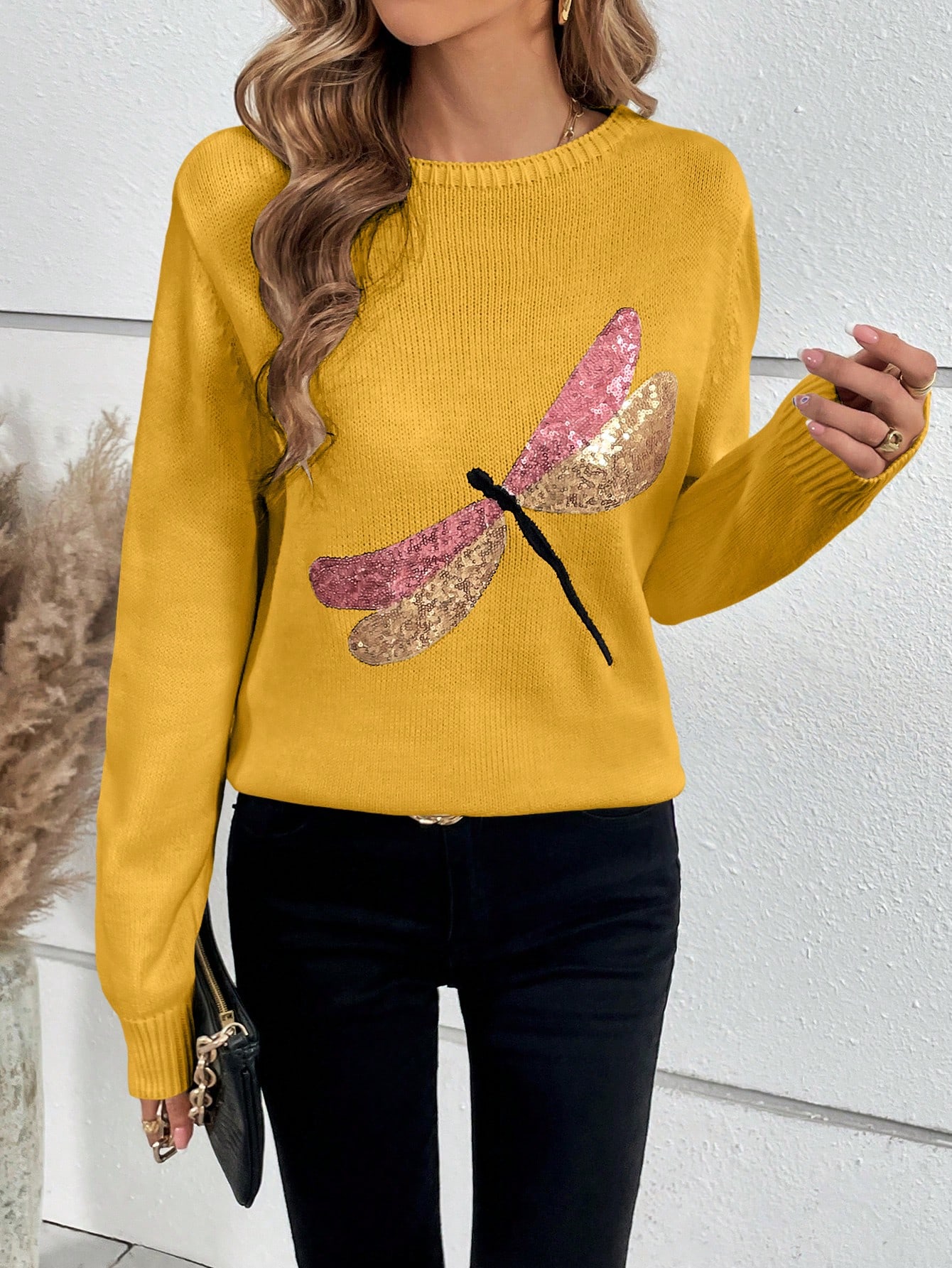 SHEIN LUNE Sequin Dragonfly Pattern Sweater | SHEIN USA