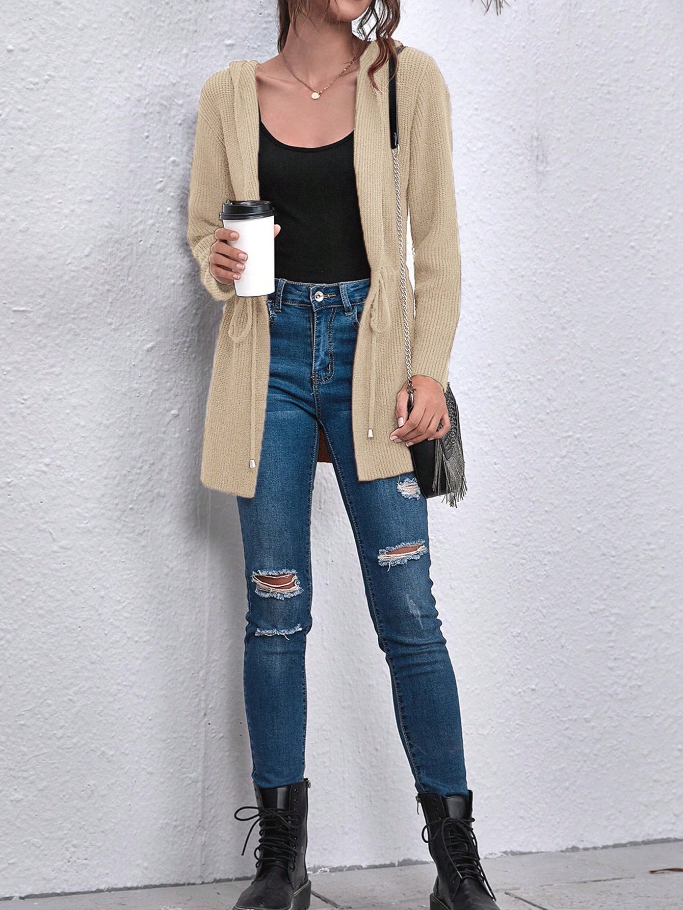 Drawstring Waist Drawstring Waist Hooded Solid Cardigan | SHEIN EUR