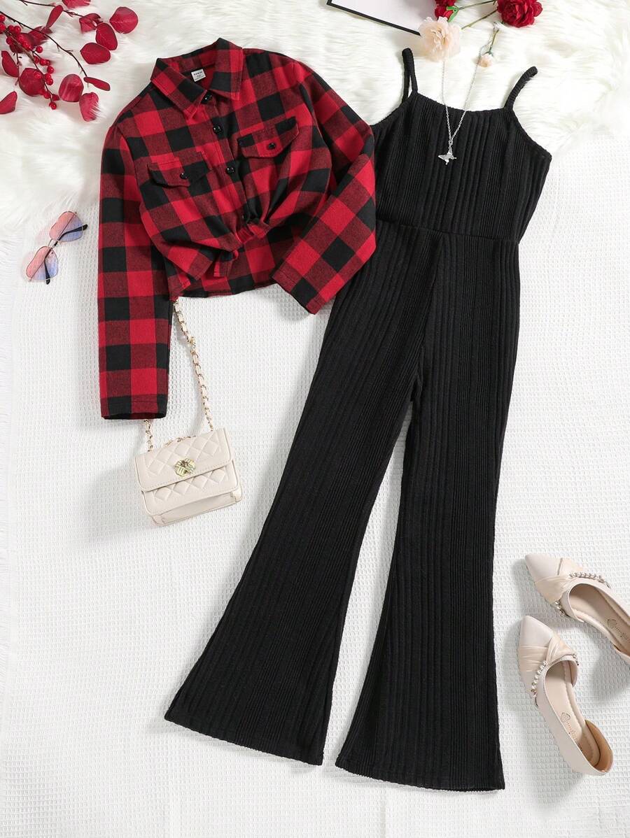 Shein Tween Girl Gingham Print Shirt And Flare Leg Cami Jumpsuit For