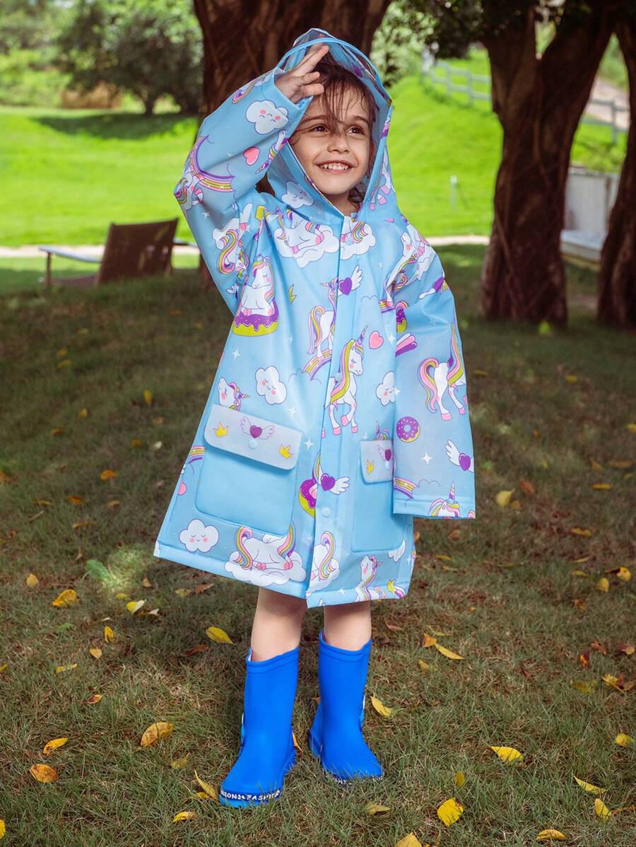 Girls' Cute Blue Unicorn Rainbow Printed All-season Raincoat | SHEIN UK