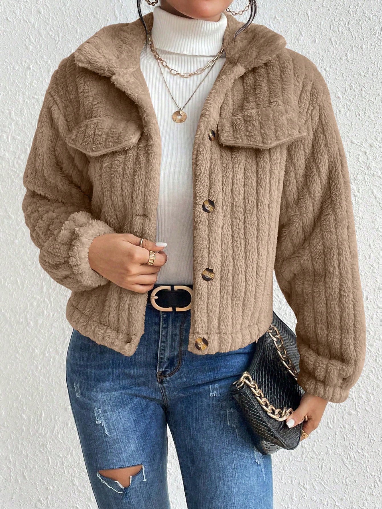 SHEIN Essnce Flap Detail Flannel Jacket | SHEIN USA