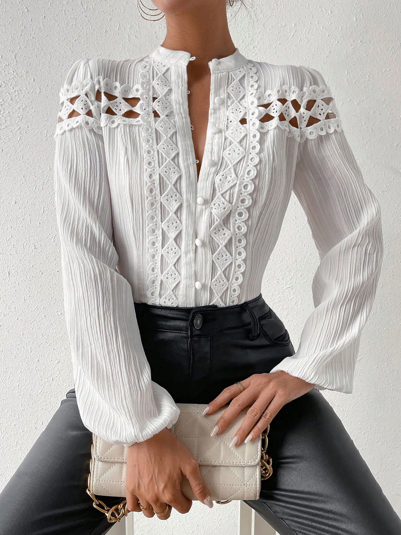 Shein Essnce Guipure Lace Insert Lantern Sleeve Blouse Shein Usa
