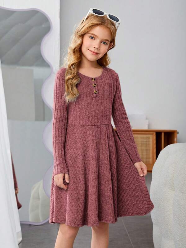 SHEIN Tween Girl Button Front Ribbed Knit A-line Dress | SHEIN USA