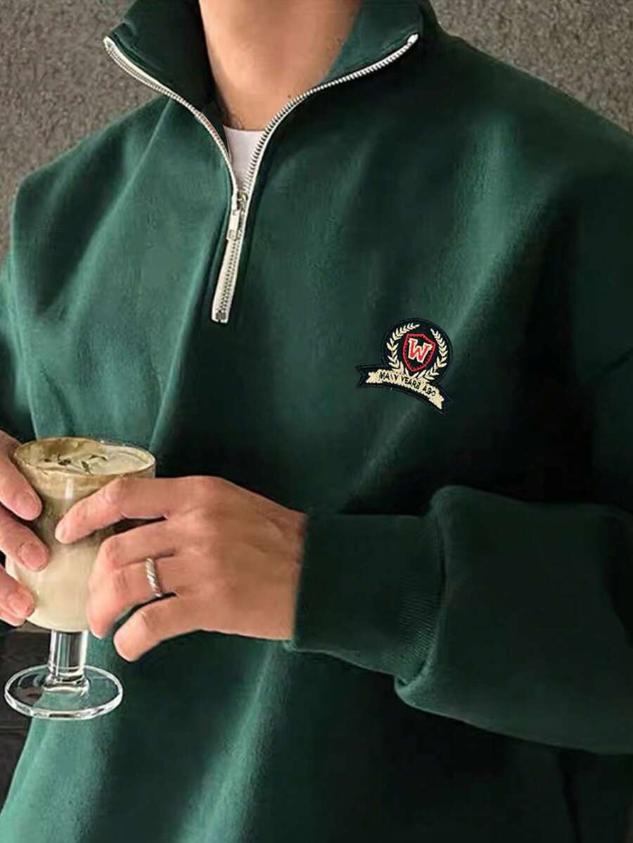 Manfinity Hypemode Men Letter Embroidery Half Zip Drop Shoulder Sweatshirt | SHEIN USA