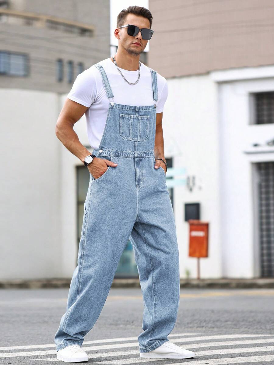 Manfinity Homme Loose Fit Men's Denim Overalls With Slant Pockets (Tee ...