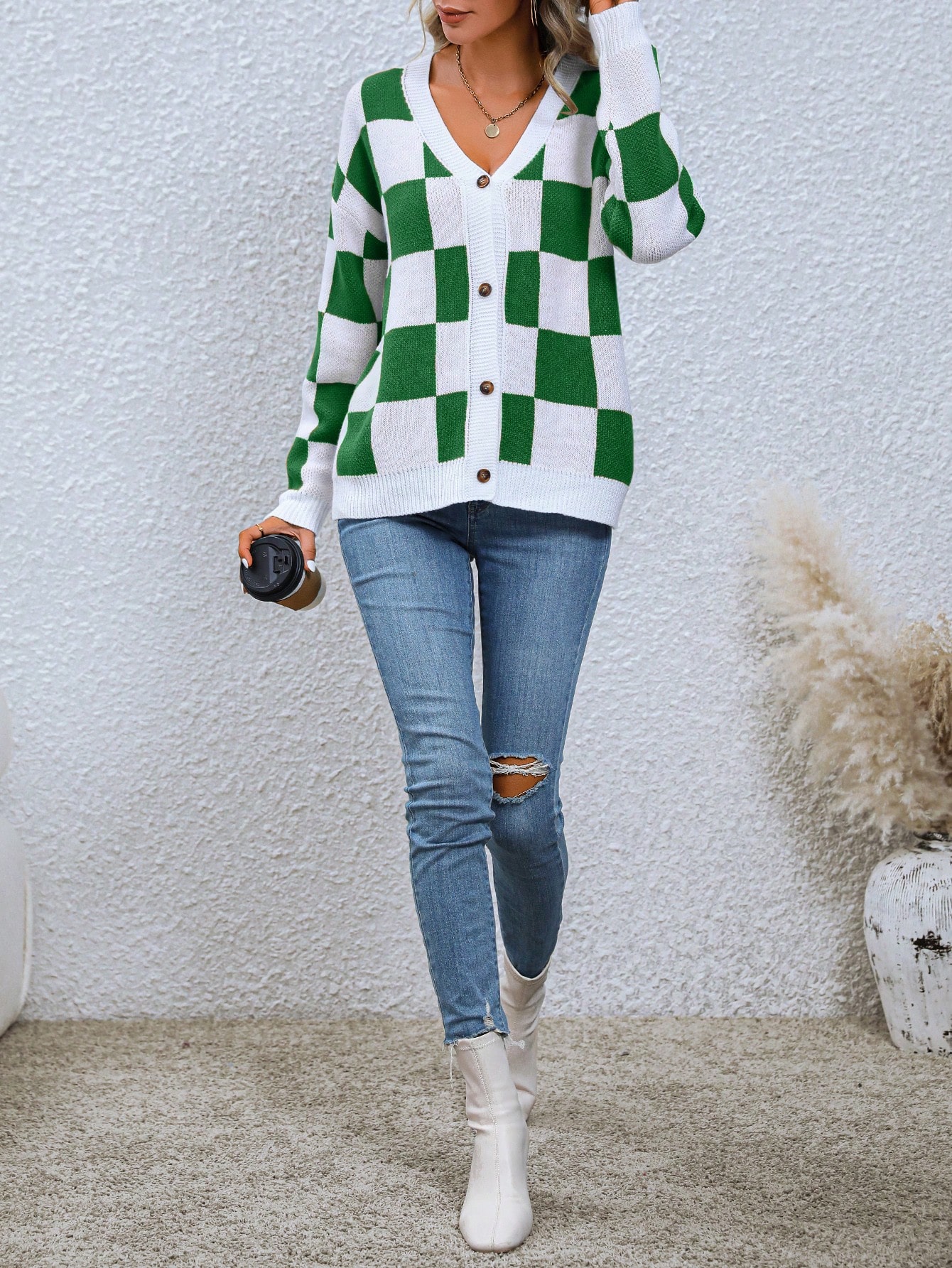 SHEIN Essnce Checker Pattern Drop Shoulder Cardigan | SHEIN USA