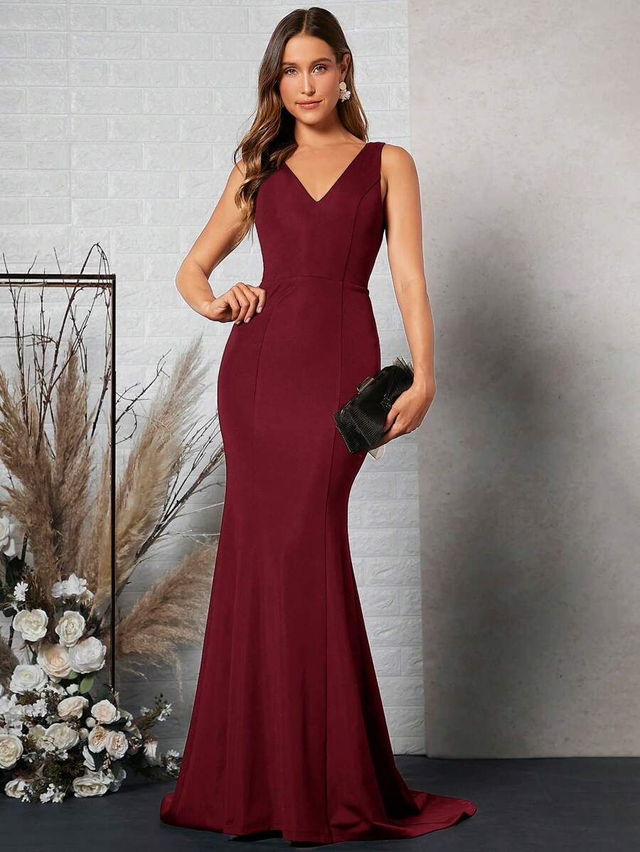 SHEIN Belle Burgundy Red Mermaid Hem Formal Dress | SHEIN USA
