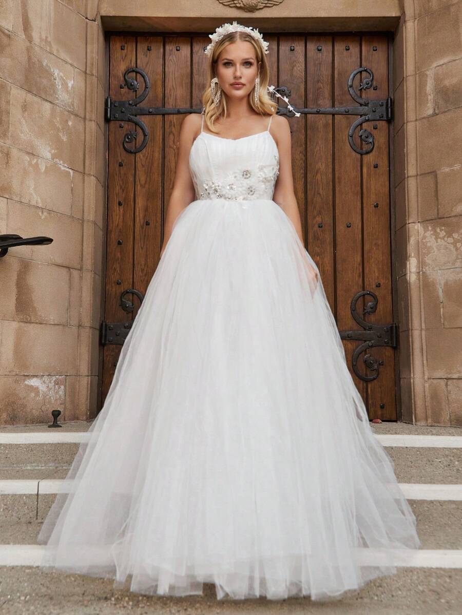 Floral Embroidery Mesh Overlay Cami Wedding Dress Shein Usa