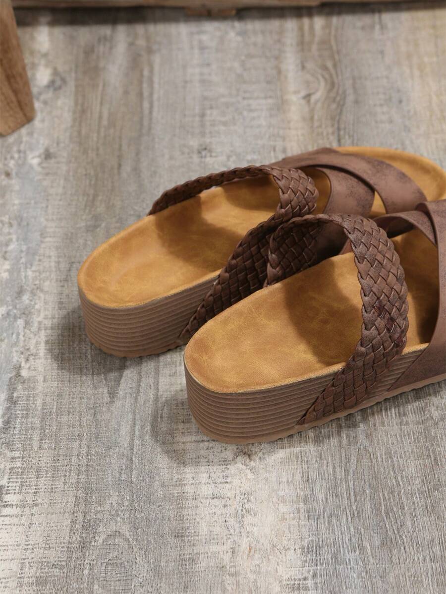 Vacation Coffee Brown Solid Wedges Slide Sandals For Women, Braid ...