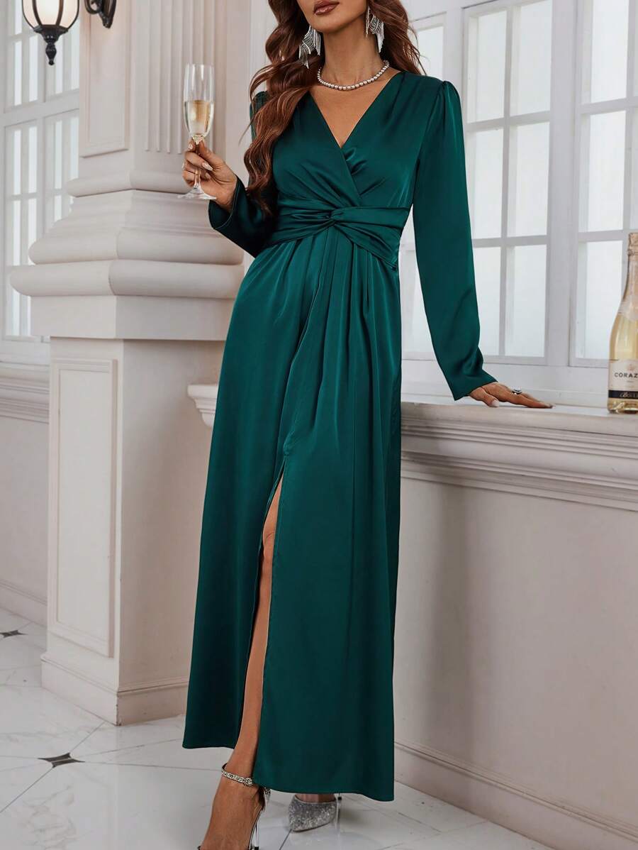 Allurite Solid Twist Front Split Thigh Satin Dress | SHEIN USA