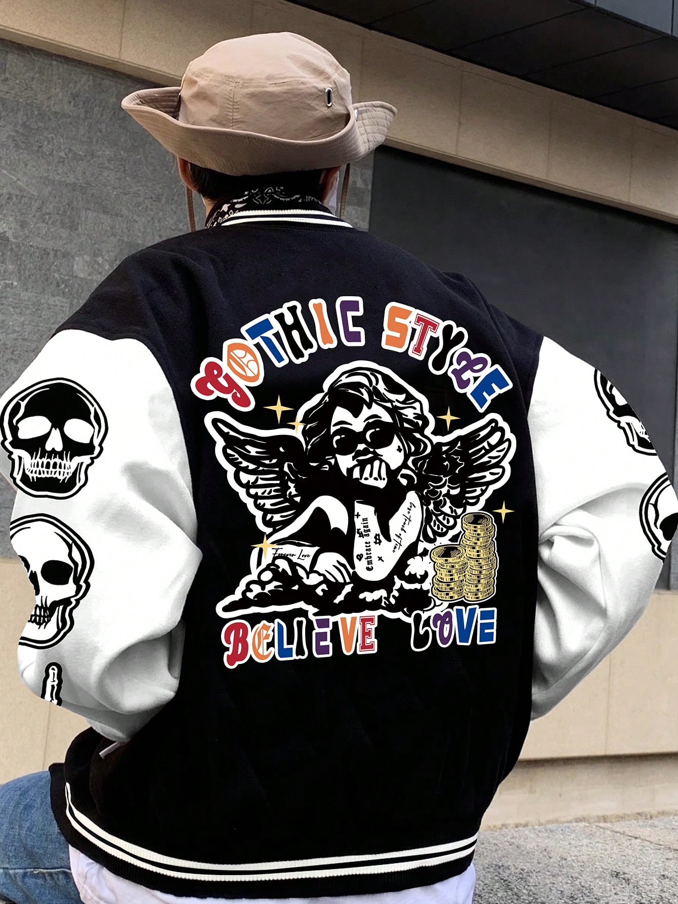 Manfinity Men's Oversize Varsity Jacket With Slogan & Angel Print, Two ...