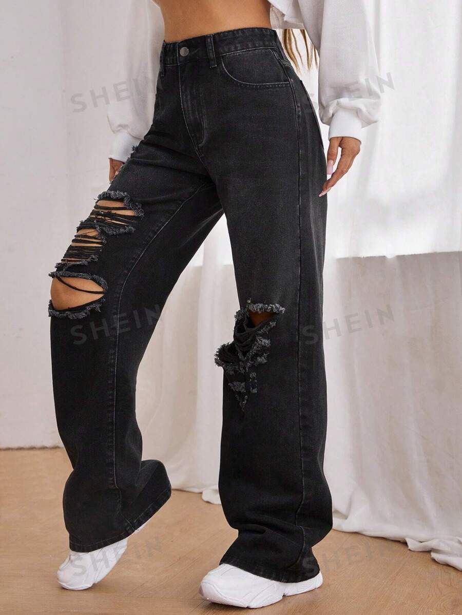 SHEIN Ripped Wide Leg Jeans | SHEIN UK