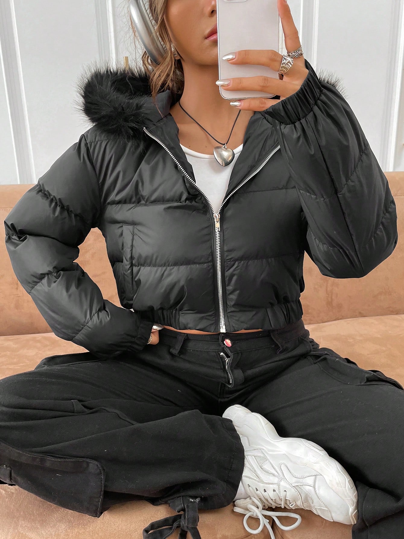 SHEIN EZwear Fuzzy Trim Hooded Puffer Coat | SHEIN UK