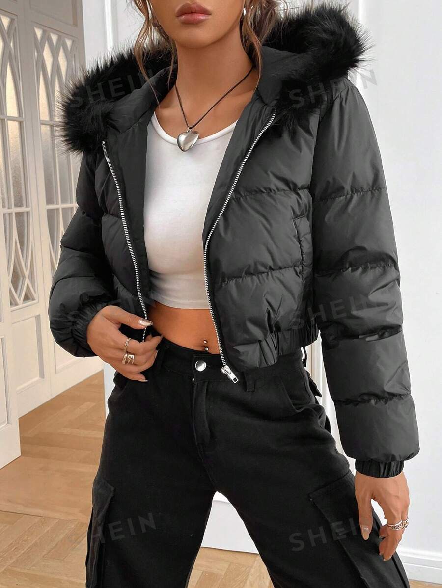 SHEIN EZwear Fuzzy Trim Hooded Puffer Coat | SHEIN USA