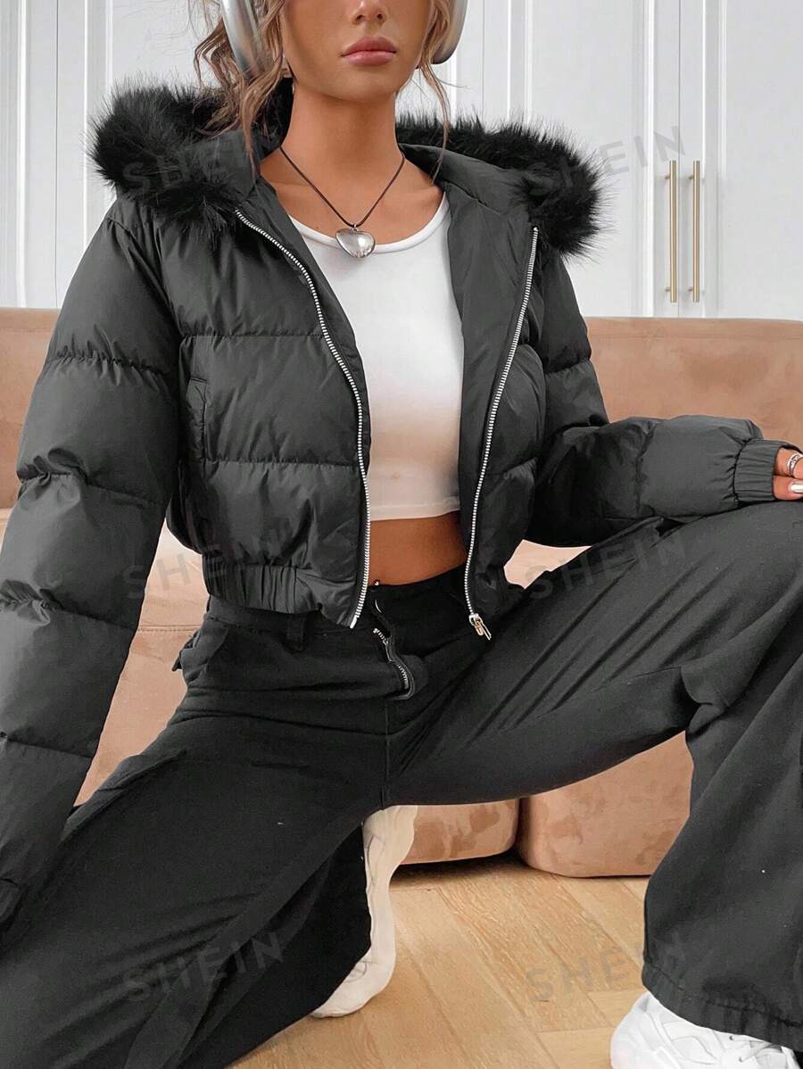 SHEIN EZwear Fuzzy Trim Hooded Puffer Coat | SHEIN USA