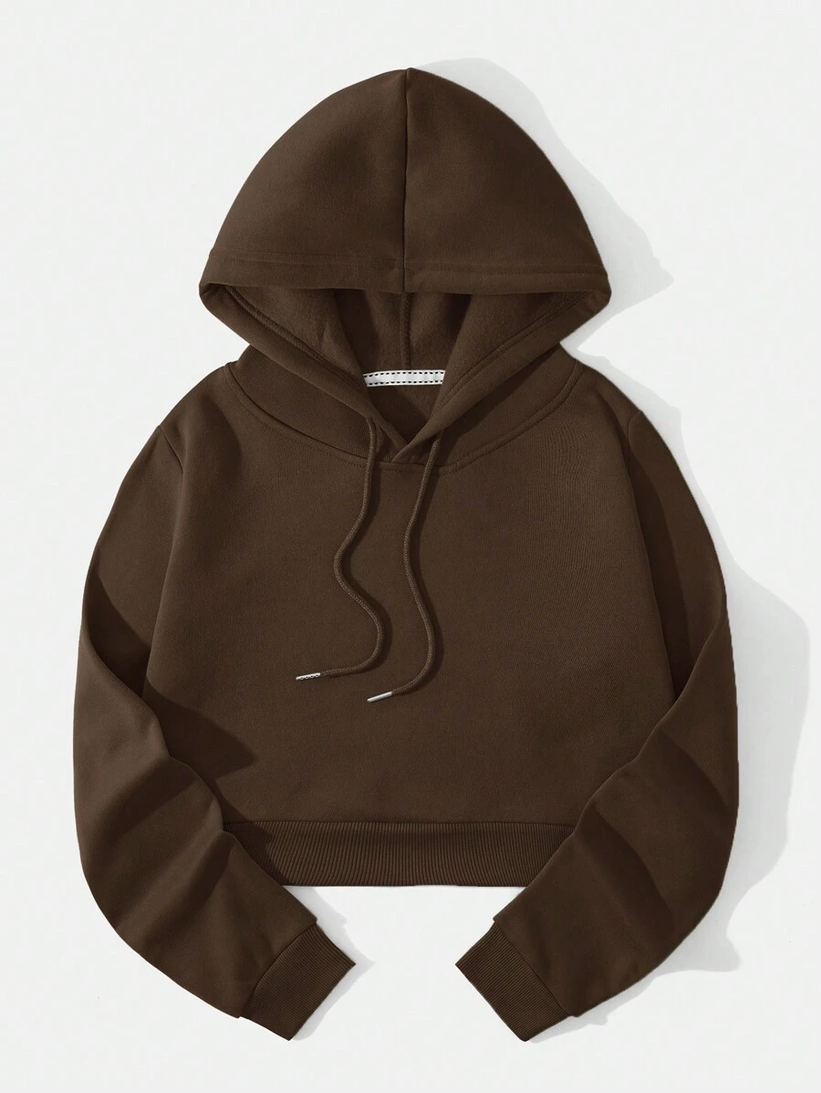 SHEIN EZwear Solid Drawstring Crop Thermal Lined Hoodie | SHEIN USA