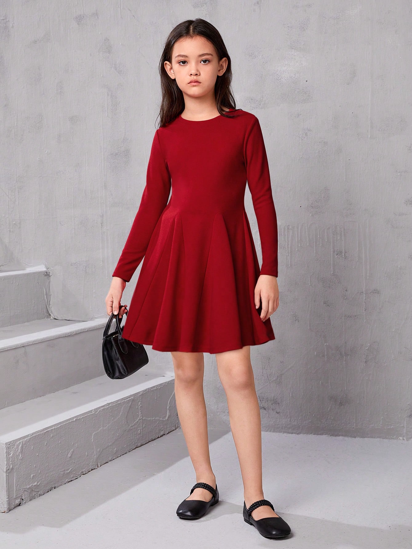 SHEIN Kids Nujoom Tween Girl Solid Round Neck Flare Hem Dress | SHEIN USA