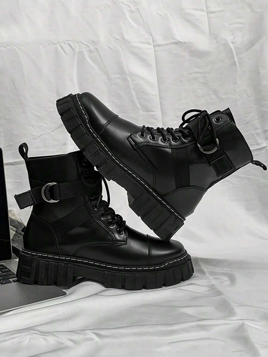 Cool Combat Boots For Men, Style With Jeans Buckle Decor Lace-Up Front ...