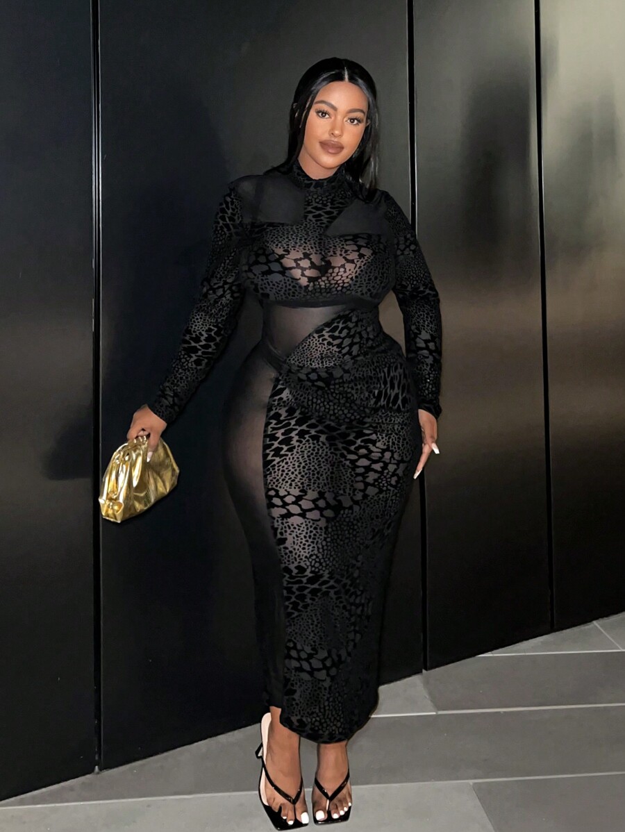 SHEIN Slayr Sexy Plus Size Knit Velvet Bodycon Dress With Sheer Mesh Panel And Black Spliced ...