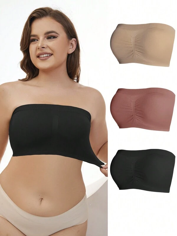 Plus Size 3pcs Solid Wireless Strapless Knitted Bandeau Bra | SHEIN USA