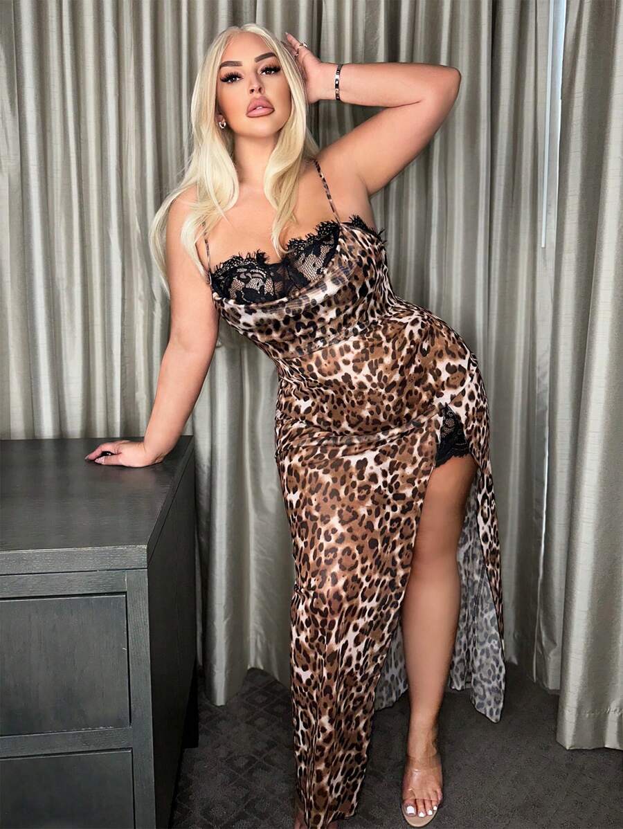 SHEIN SXY Plus Luipaardprint Contrastkant Gespleten dij Doorschijnend Cami-jurk | SHEIN Nederland