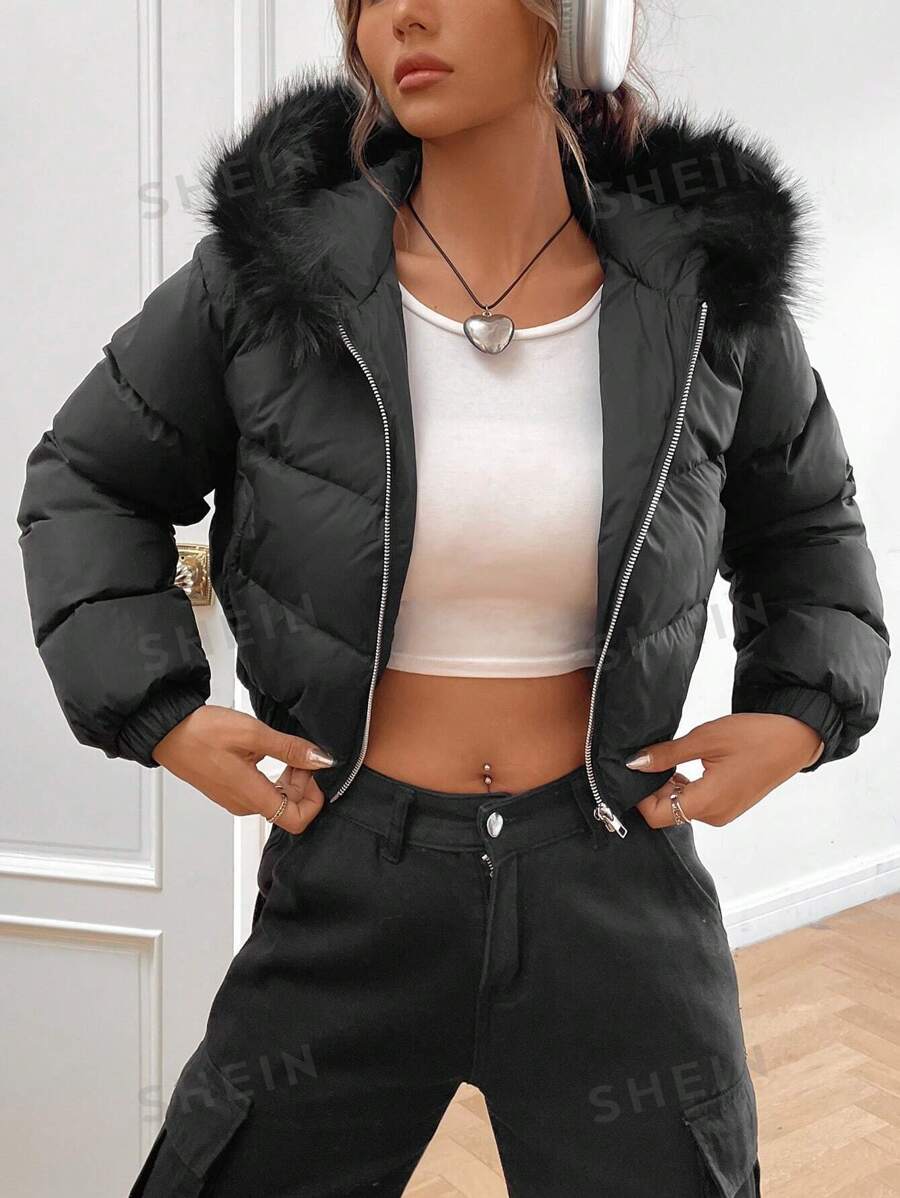 SHEIN EZwear Fuzzy Trim Hooded Puffer Coat | SHEIN USA