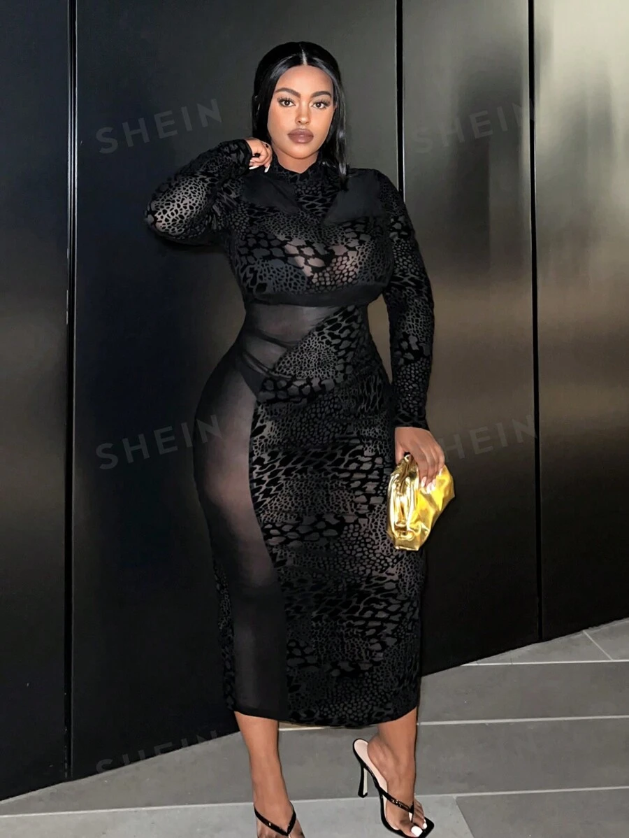 SHEIN Slayr Sexy Plus Size Knit Velvet Bodycon Dress With Sheer Mesh Panel And Black Spliced ...