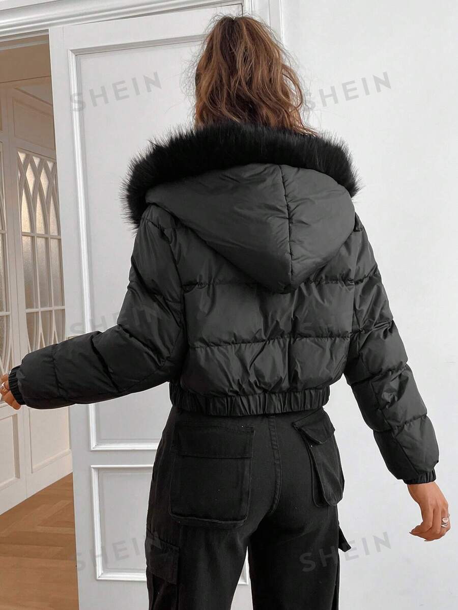 SHEIN EZwear Fuzzy Trim Hooded Puffer Coat | SHEIN USA