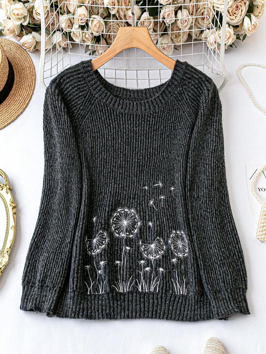 SHEIN LUNE Plus Dandelion Pattern Raglan Sleeve Sweater | SHEIN USA