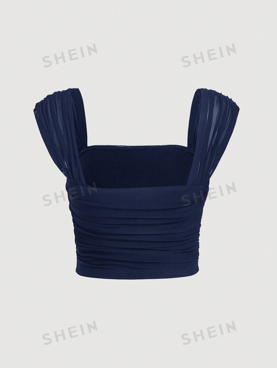 SHEIN MOD Top corto y ajustado de verano con cuello cuadrado fruncido ...