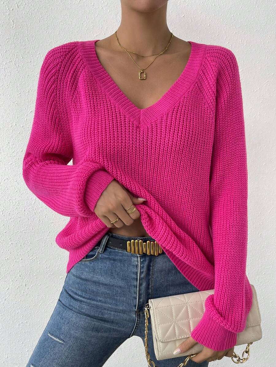 SHEIN LUNE Solid Raglan Sleeve Ribbed Knit Sweater,Ladies Spring/Fall ...