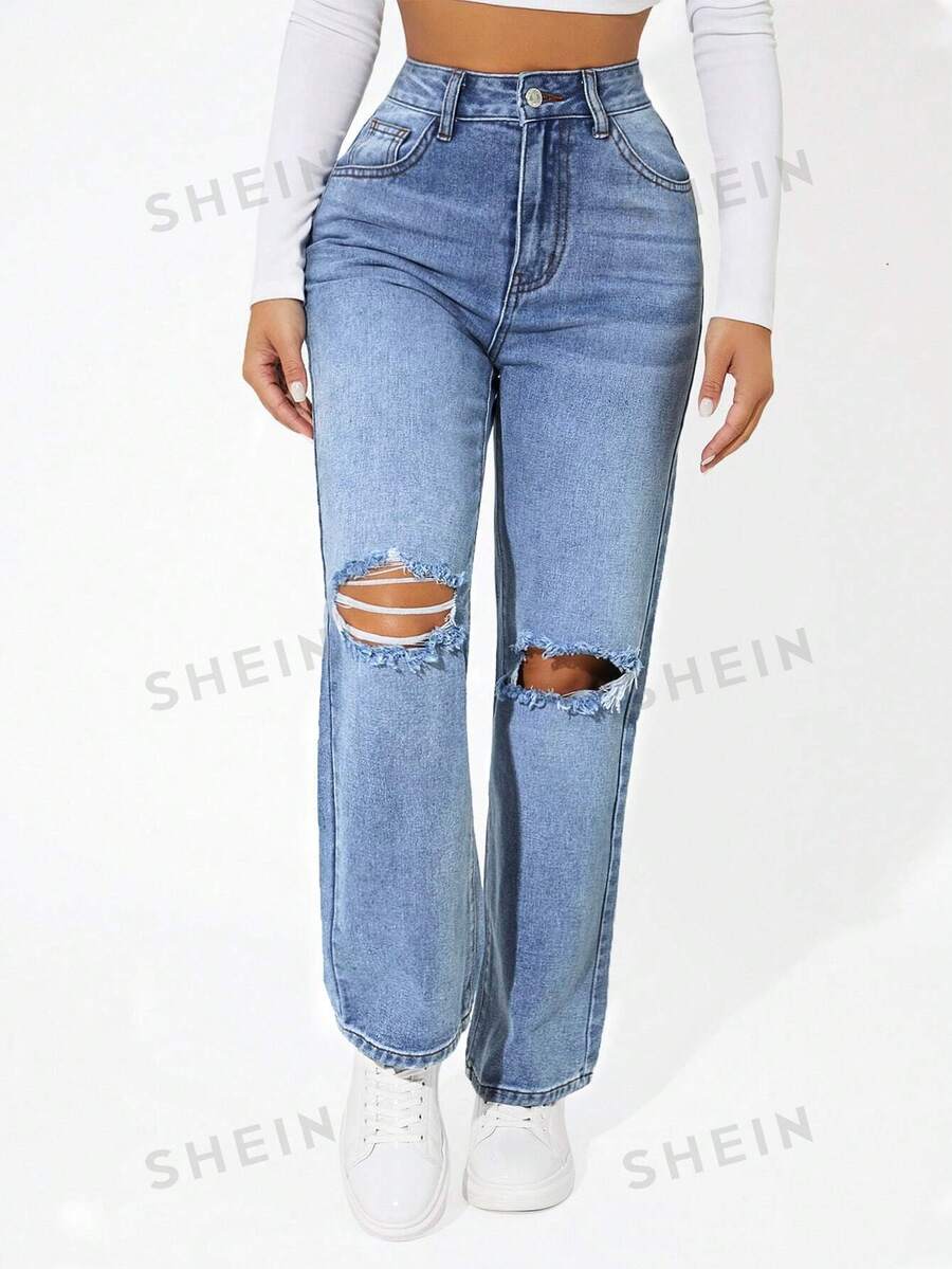 SHEIN PETITE High Waist Ripped Jeans | SHEIN UK