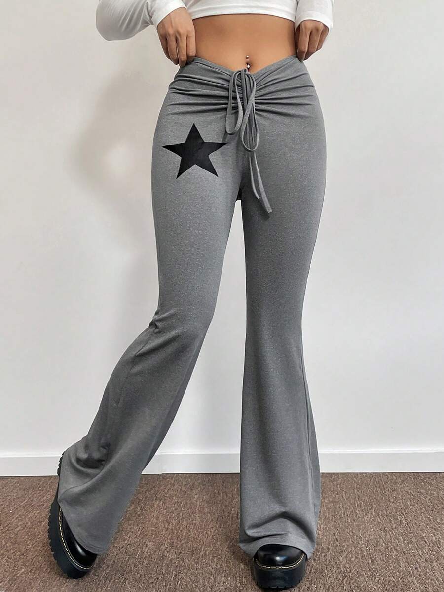 SHEIN EZwear Women's Y2k Grey Star Pattern Drawstring Flare Leg ...