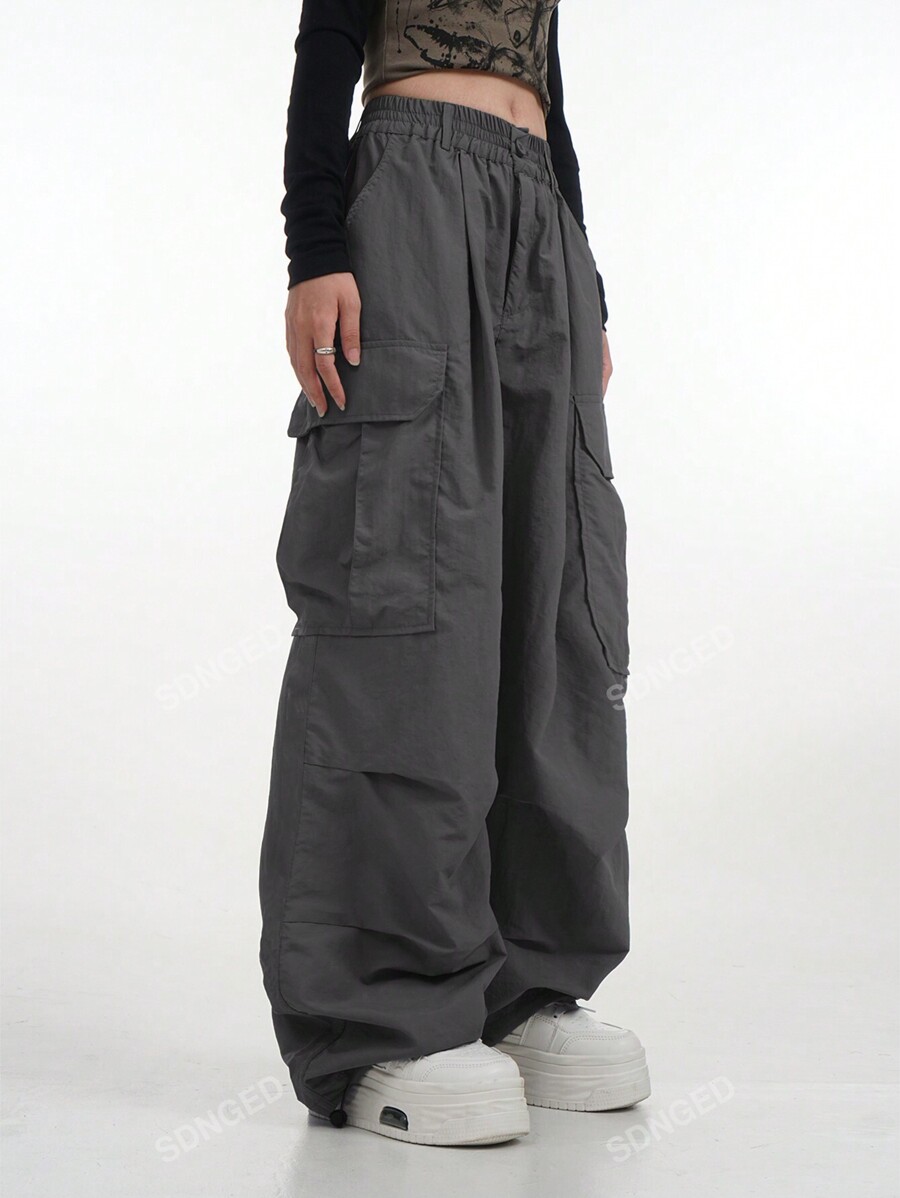 Flap Pocket Side Drawstring Hem Pants Baggy Pants | SHEIN USA