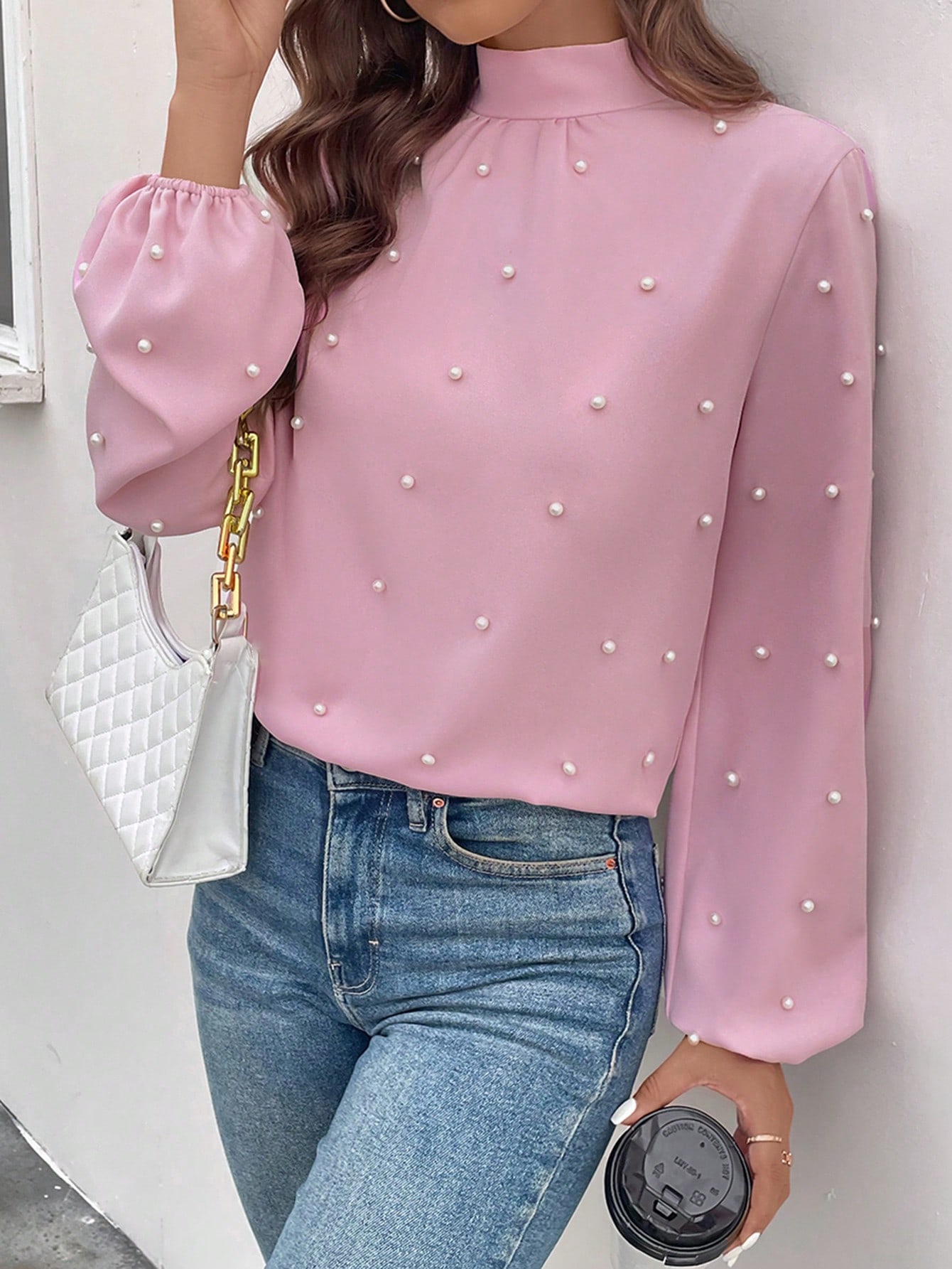 Shein Privé Pearls Beaded Mock Neck Lantern Sleeve Blouse Shein Usa