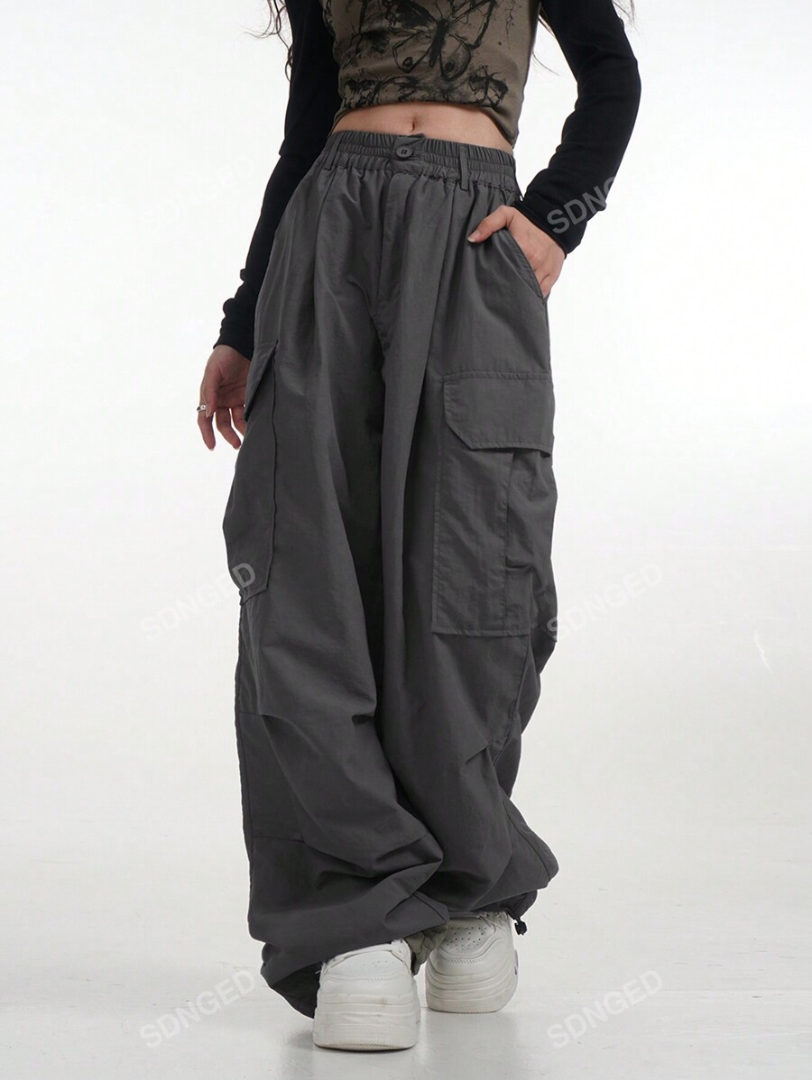 Flap Pocket Side Drawstring Hem Pants Baggy Pants | SHEIN USA