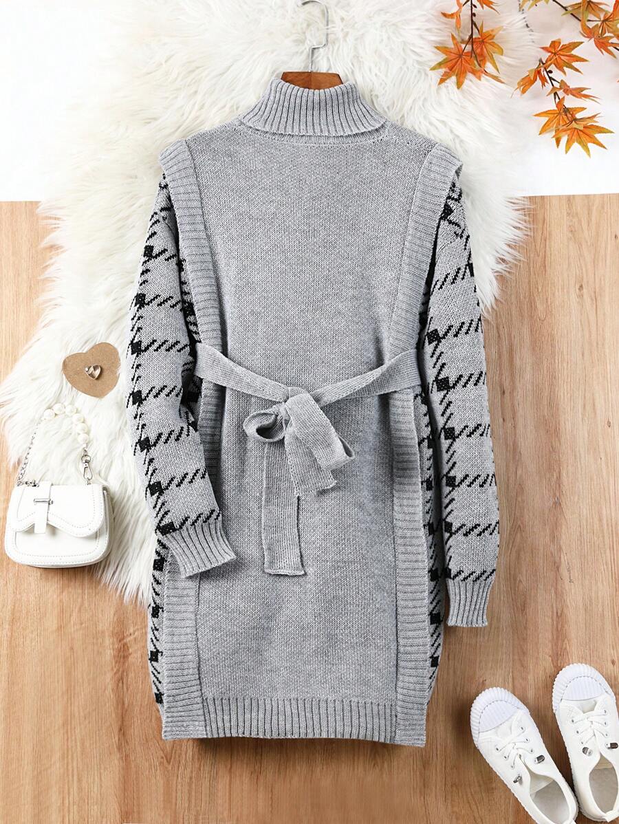 Teen Girl Geo Pattern Turtleneck Belted Sweater Dress | SHEIN USA