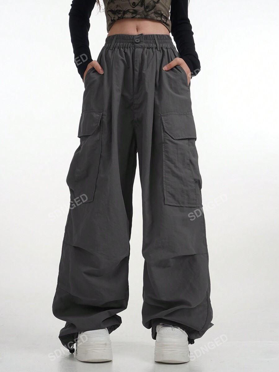 Flap Pocket Side Drawstring Hem Pants Baggy Pants | SHEIN USA