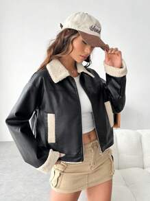 SHEIN EZwear Drop Shoulder Jacke in Lederoptik mit Teddy Futter und ...