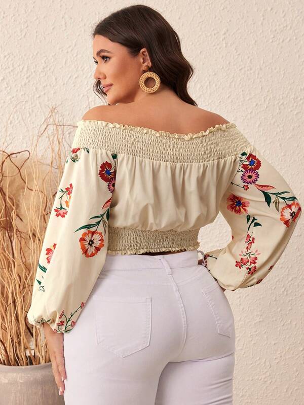 SHEIN VCAY Plus Floral Print Off Shoulder Lantern Sleeve Blouse | SHEIN USA