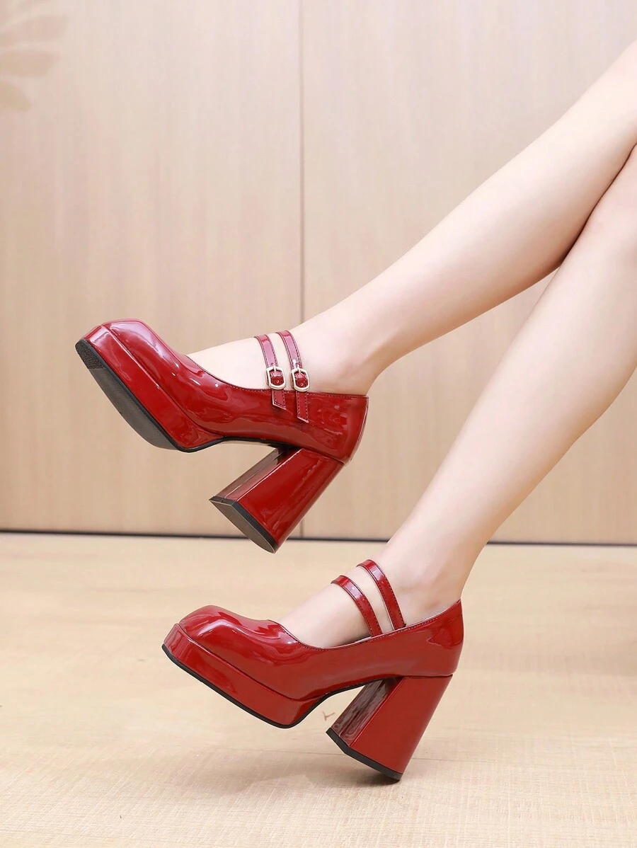 New Arrival Sexy Double Buckle Waterproof Platform Chunky Heel Mary Jane T Strap Work Pumps For
