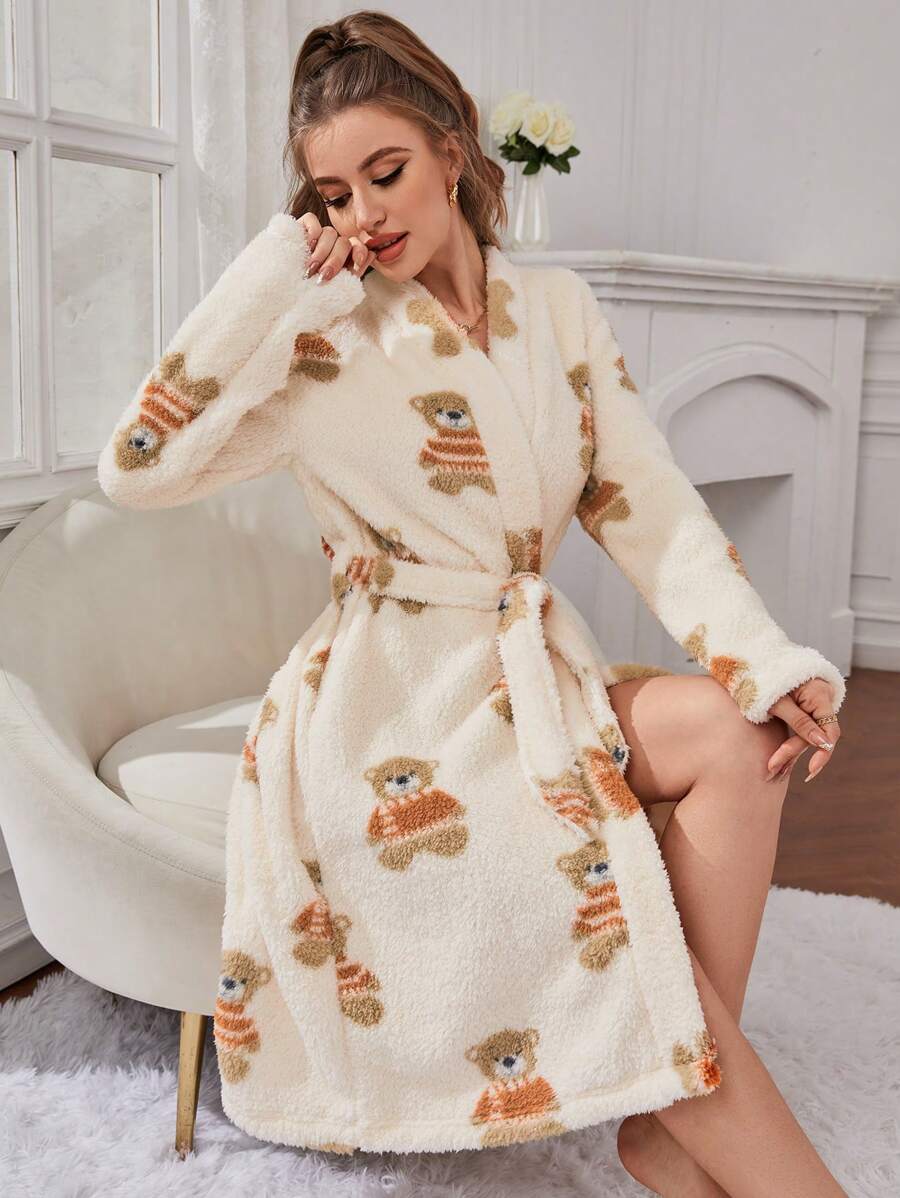 Bear Pattern Belted Teddy Robe | SHEIN USA