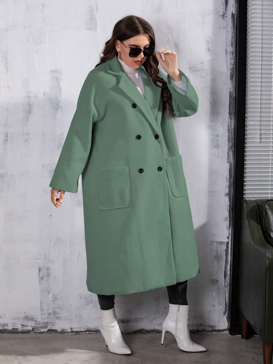 SHEIN Mulvari Plus Double Breasted Lapel Neck Slant Pockets Overcoat ...