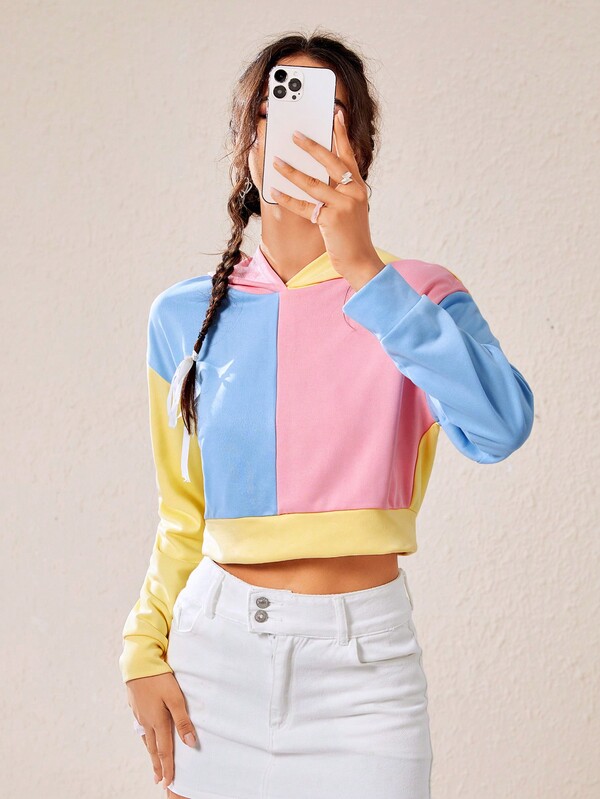 SHEIN Qutie Colorblock Drop Shoulder Crop Hoodie | SHEIN USA