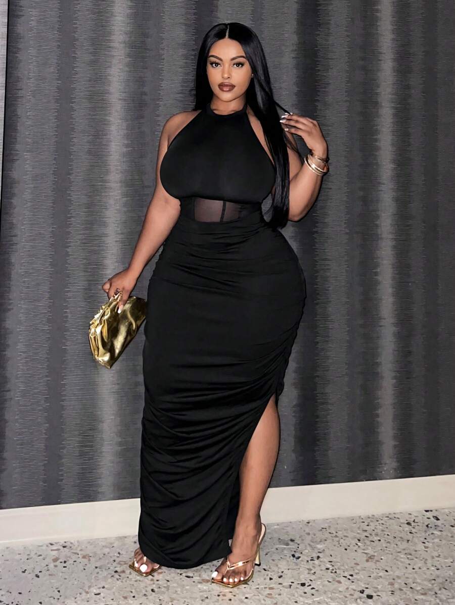 Slaydiva SLAYR Plus Size Elegant Sexy Solid Color Bodycon Halter Waist-Cinched Sheer Mesh Panel ...