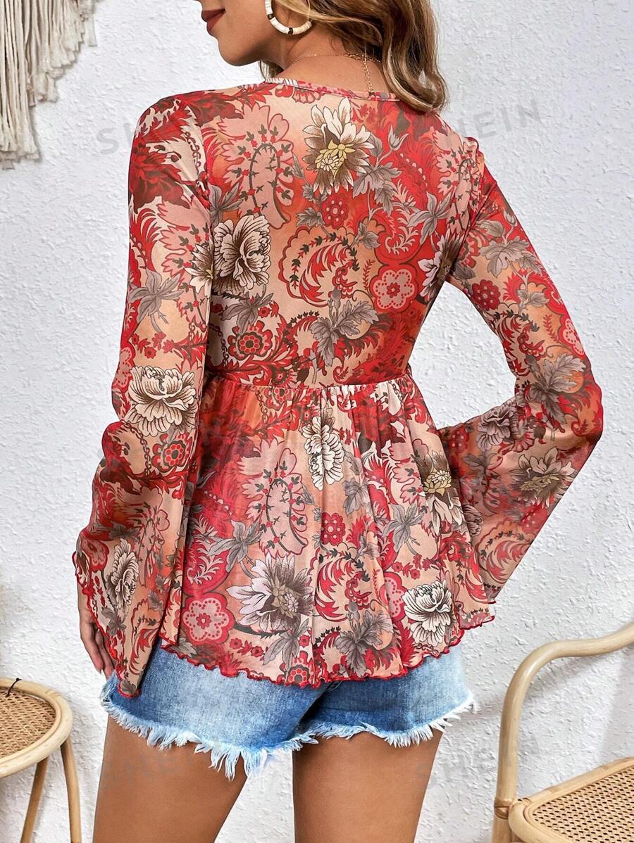 SHEIN VCAY Blouse Péplum Imprimé Floral À Nœud À Manche Évasée | Mode ...