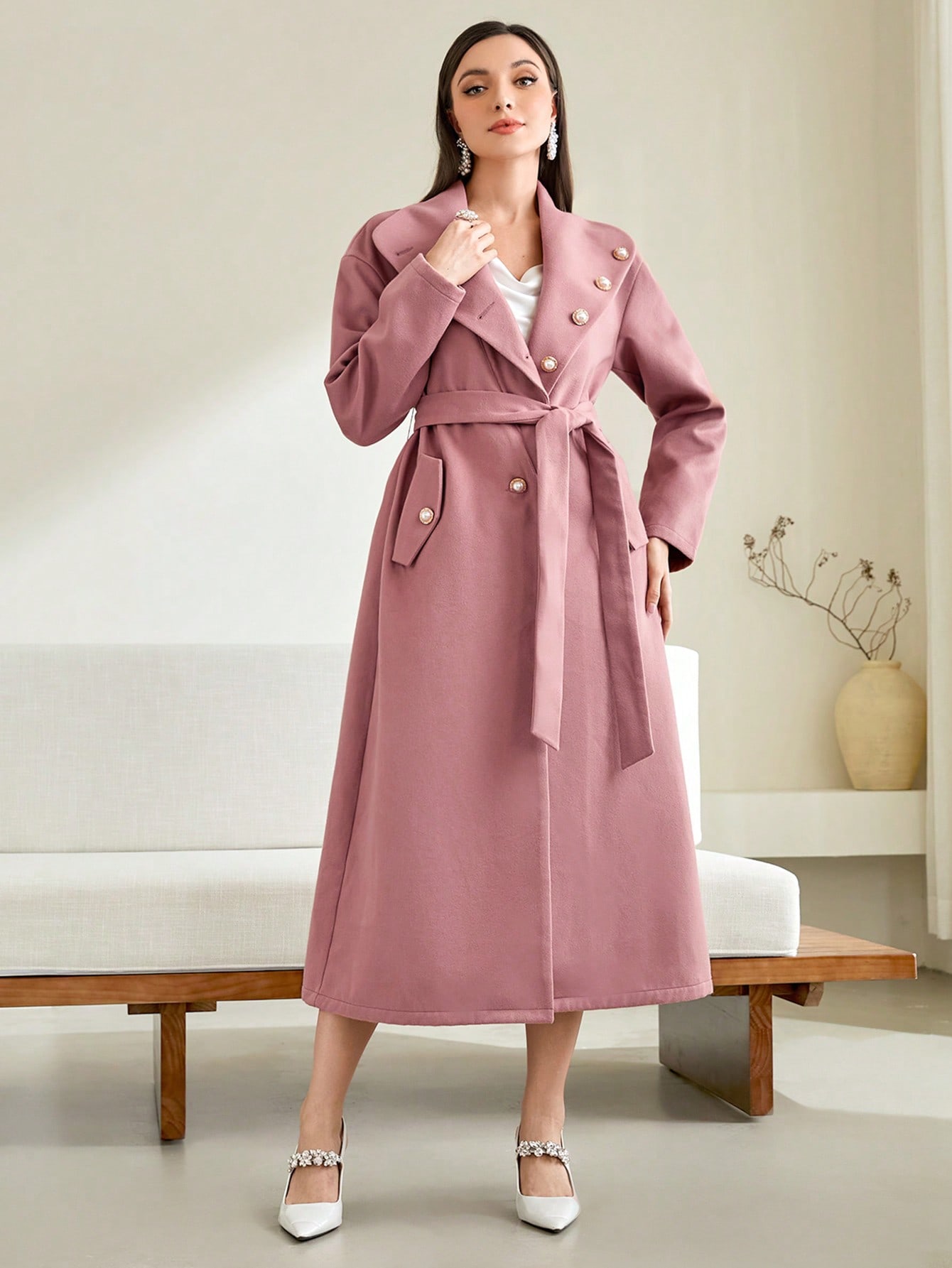SHEIN Modely Slant Pocket Belted Overcoat | SHEIN USA
